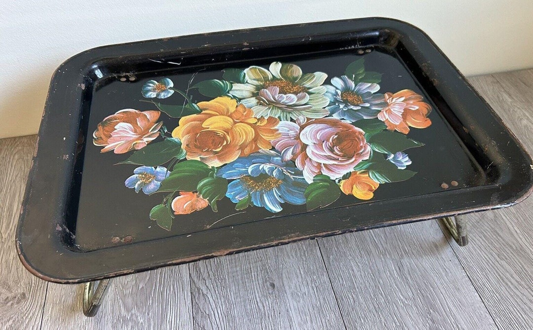 VTG Metal Floral Tray Tole Ware Lap TV Breakfast in Bed Serving Folding ...