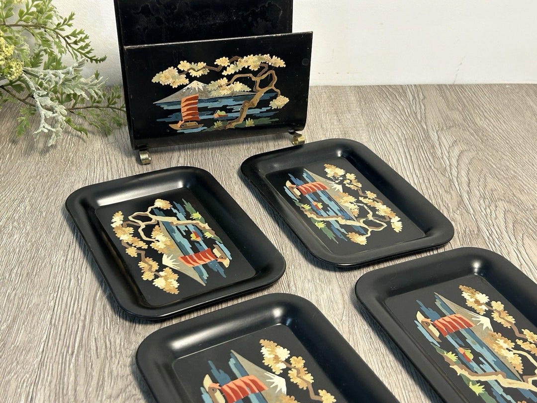 Vintage Black Metal Tole Ware Snack Bridge Trays With Matching Holder ...