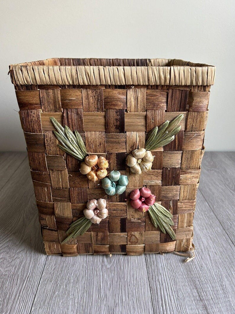 Vintage Woven Raffia Basket Wastebasket Trash Can Square Floral Accent - Etsy