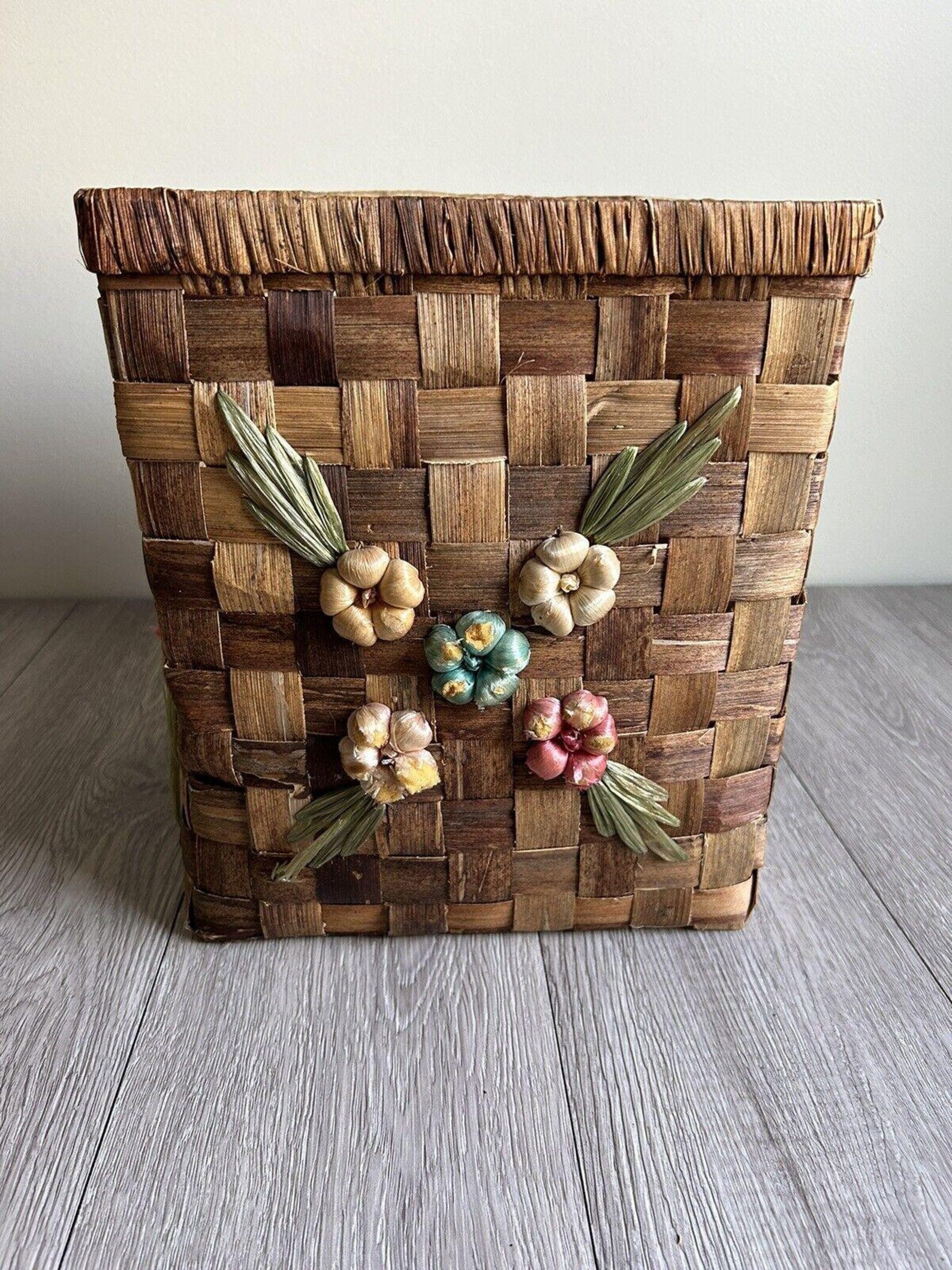 Vintage Woven Raffia Basket Wastebasket Trash Can Square Floral Accent - Etsy
