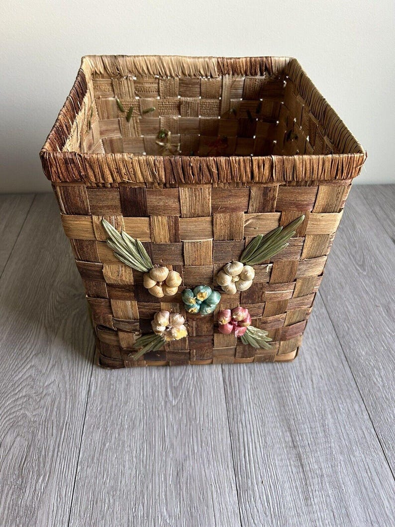 Vintage Woven Raffia Basket Wastebasket Trash Can Square Floral Accent - Etsy
