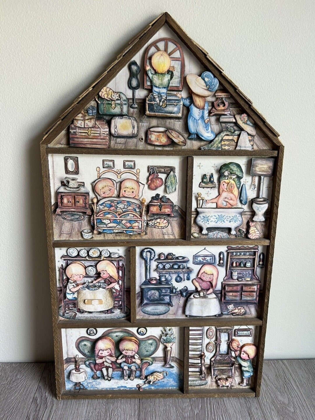 Vintage 3D Layered Paper Shadowbox Children 4 Story House - WOUNDED PLS ...