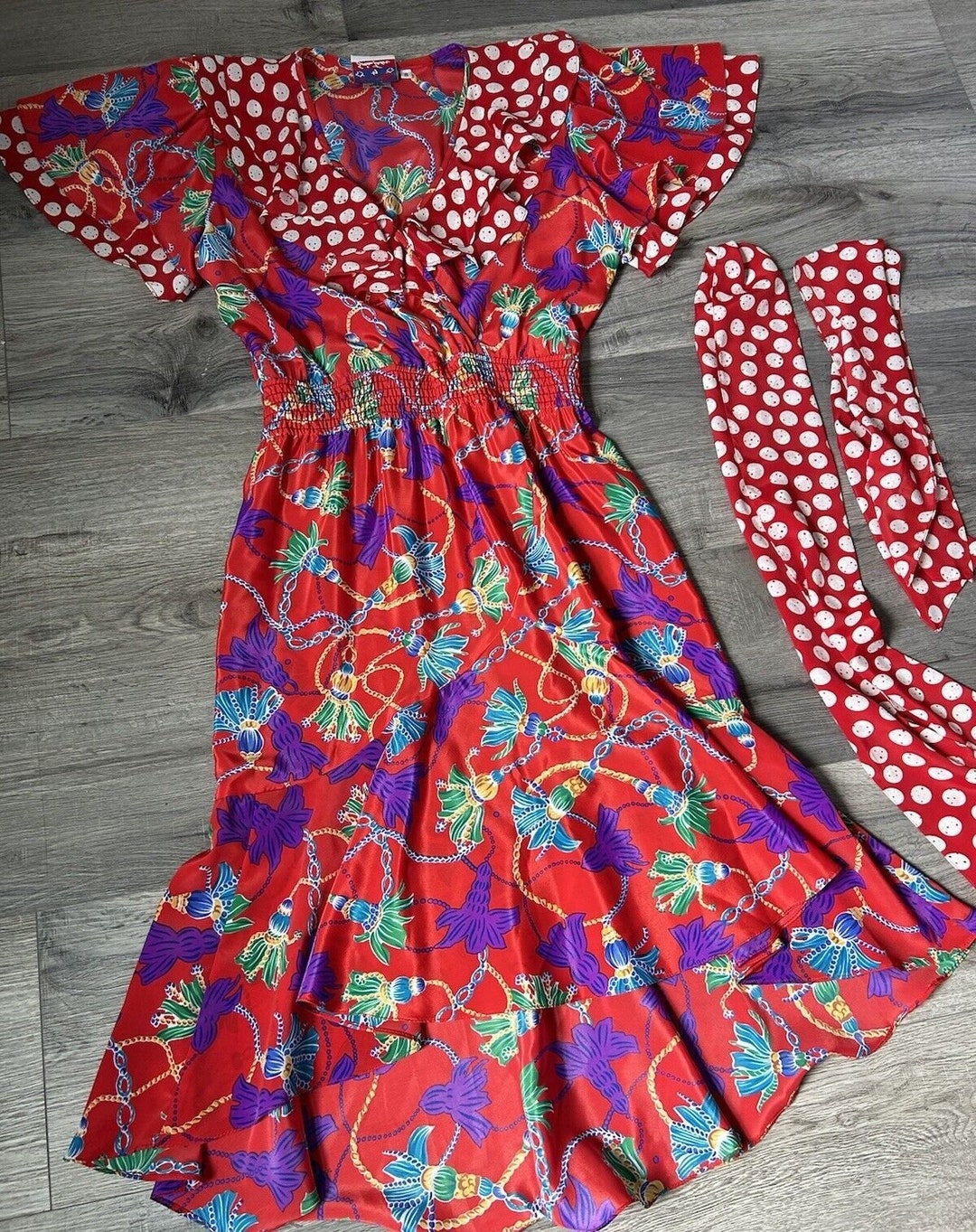 VTG 80s Midi Dress Susan Tudor Abstract Print Dot Ruffle Collar ...