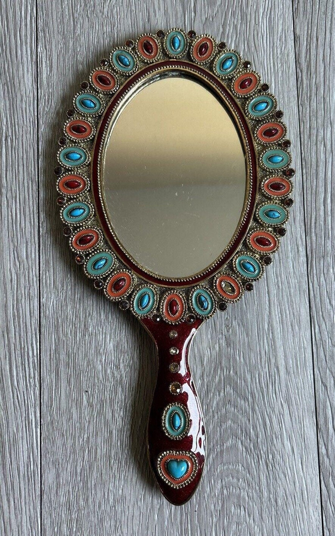 Vintage Ornate Hand Vanity Mirror With Jewels Gemstones Turquoise Gold ...