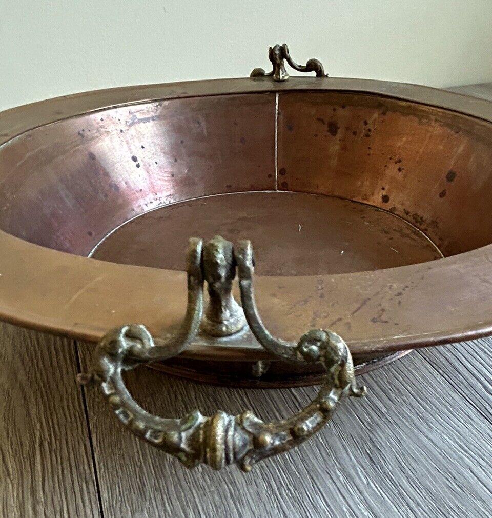Vintage Solid Copper Bowl Platter Planter W/ornate Handles 14 READ MORE ...