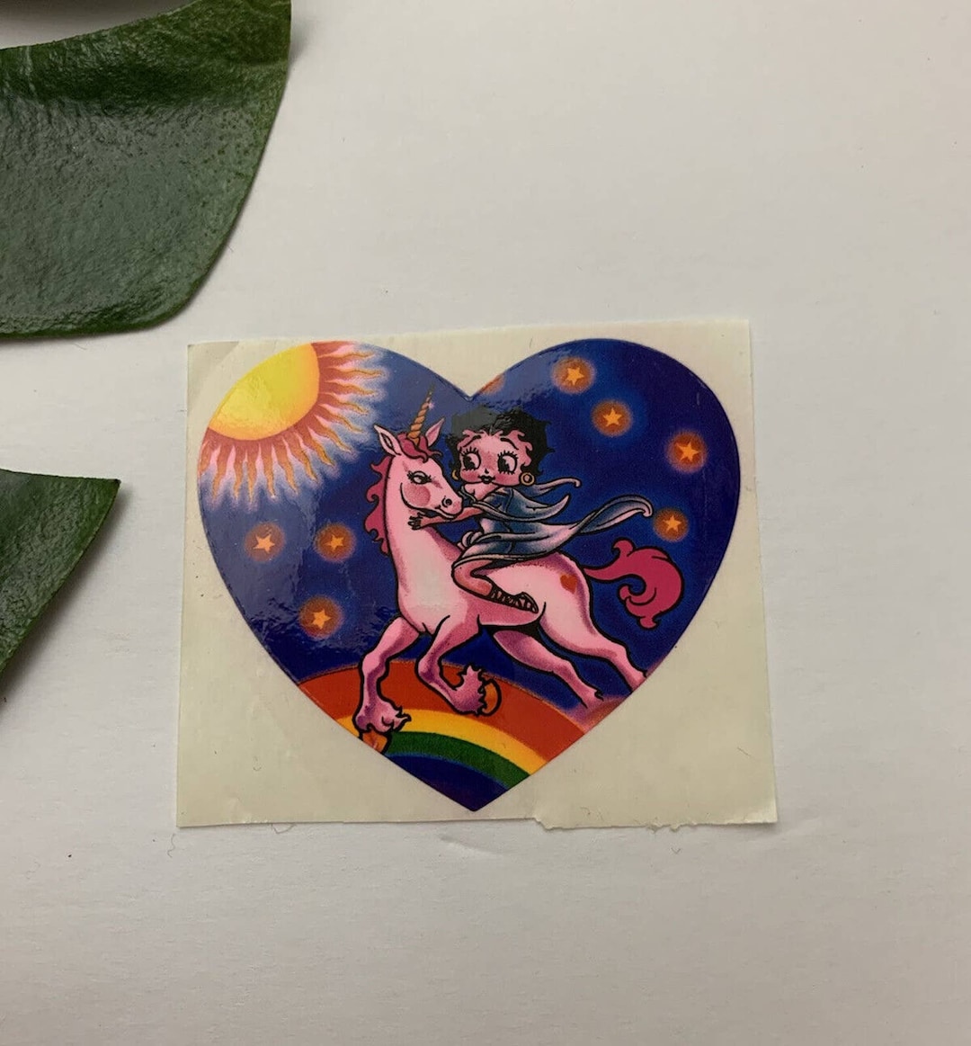 Lisa Frank Vintage Betty Boop Sticker 80s Heart Shaped Unicorn Rainbow ...