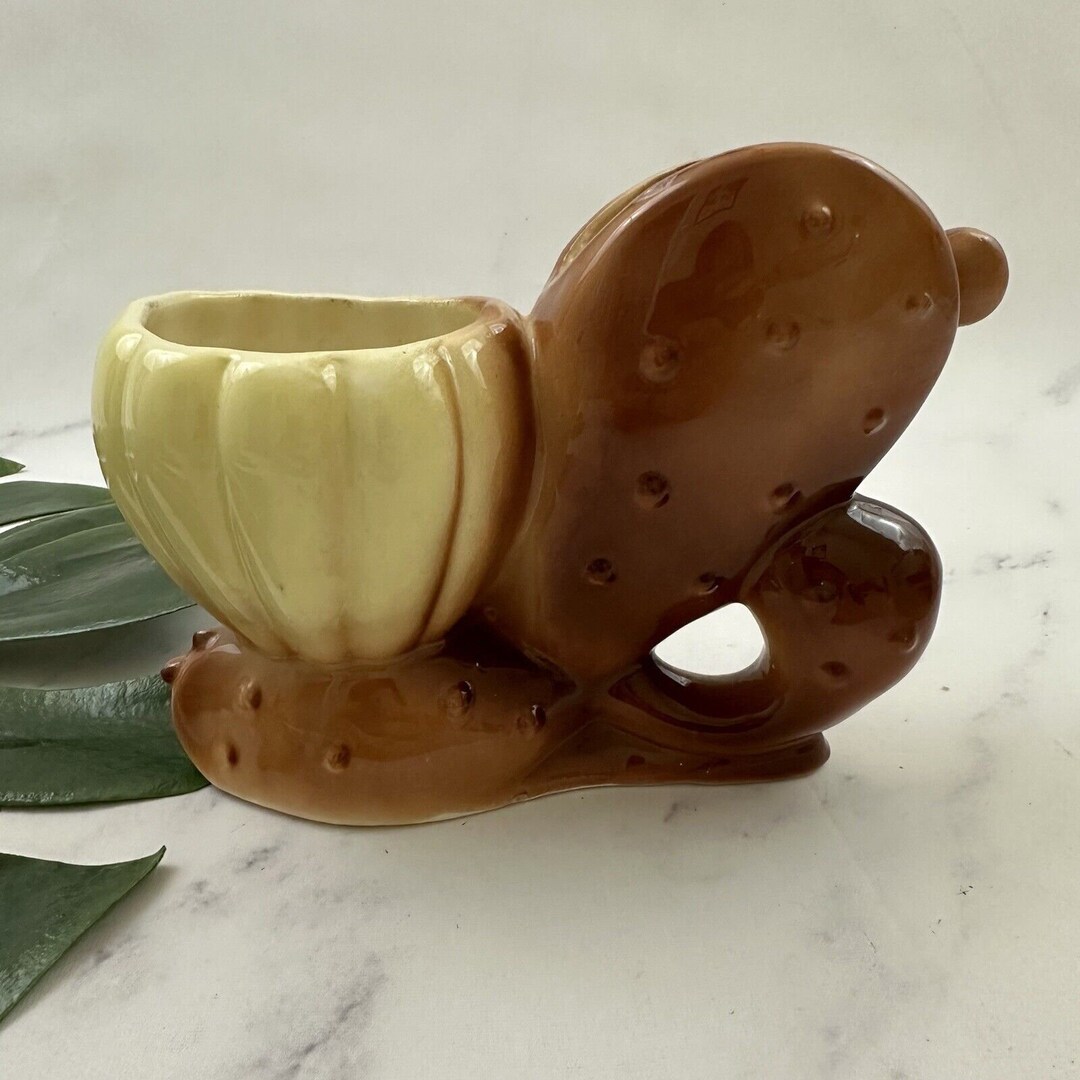 Vintage Ceramic Cactus Planter Pot Vase Cache Brown Yellow Plants 60s ...