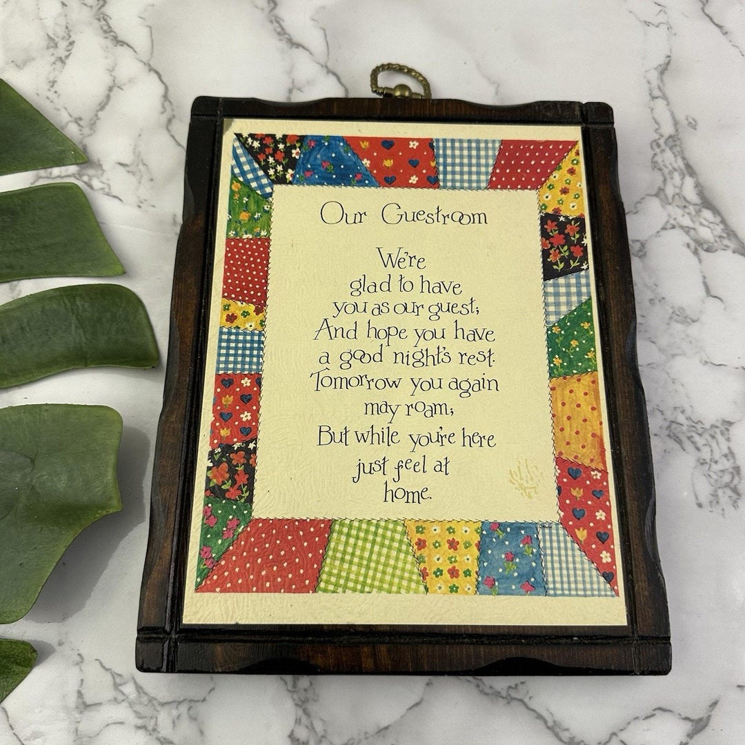 Vintage 70s Guestroom Poem Wall Art Plaque Quilted Trim Cottage Wood ...