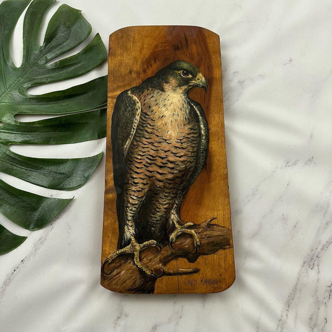 Vintage Cindy Kahoun Hand Painted Falcon Bird Painting 70s Wood Plank ...