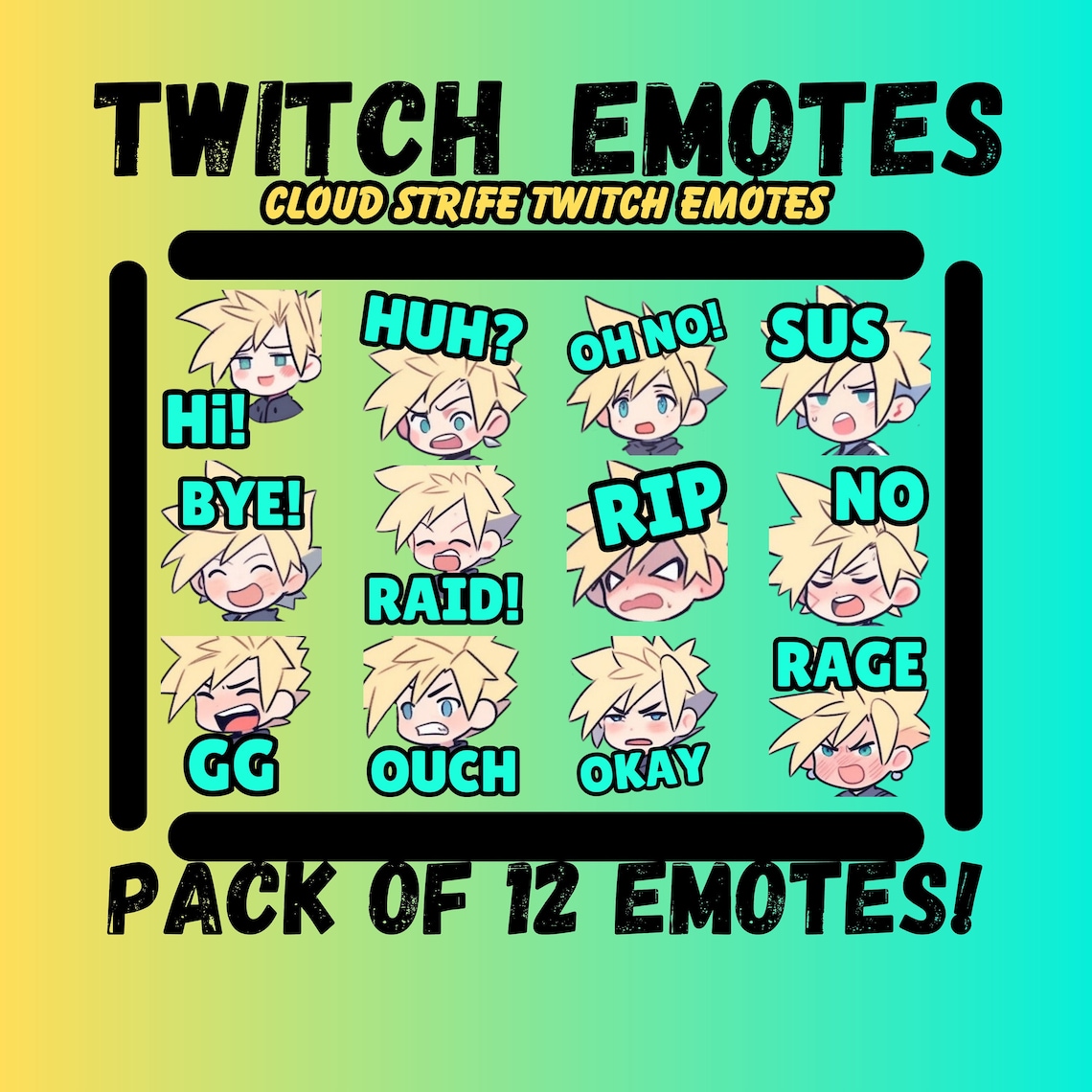 Set of 12 Cloud Strife Twitch Emotes, Streamer Emotes, Twitch Sub ...