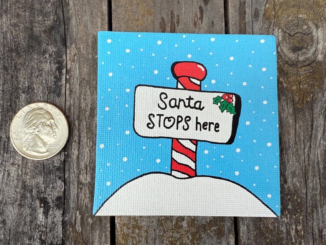 Santa Stops Here Sign - Hand Drawn 3x3 Mini Canvas Magnet, Christmas ...