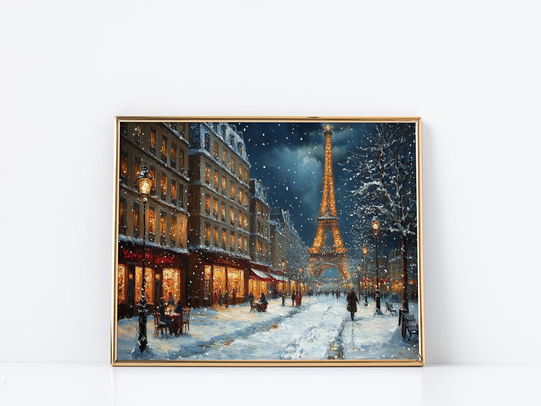 Oil Painting of Christmas Paris Street, Snowy Eiffel Tower Scene ...