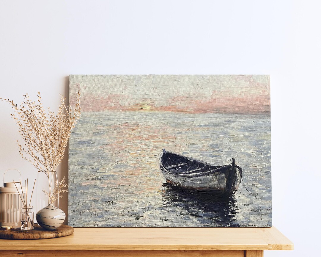 Monet-inspired Seascape Oil Painting Print Small Boat in Muted Gray and ...