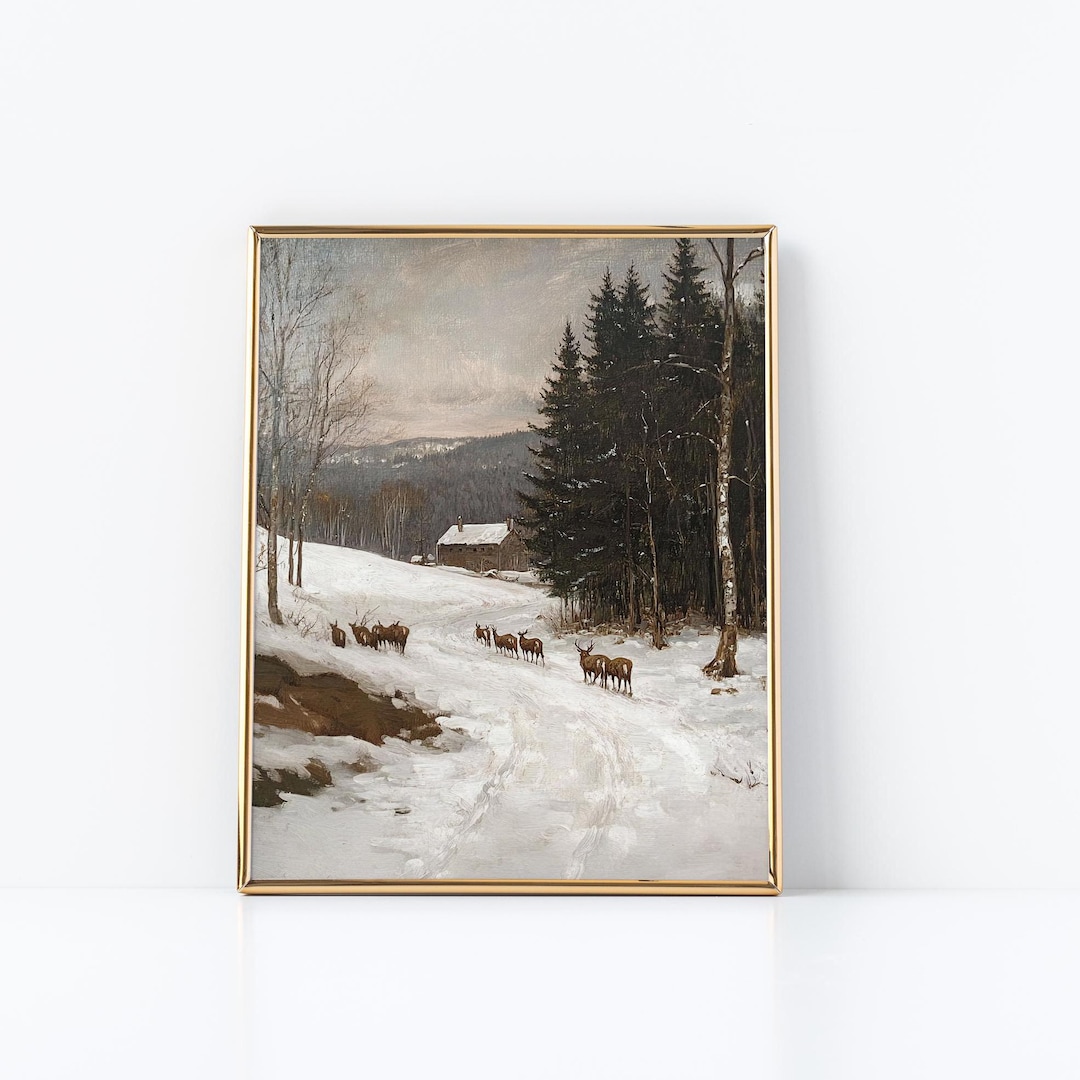 Oil Painting of Winter Deer Herd, Mountain Cabin Scene, Wildlife in ...