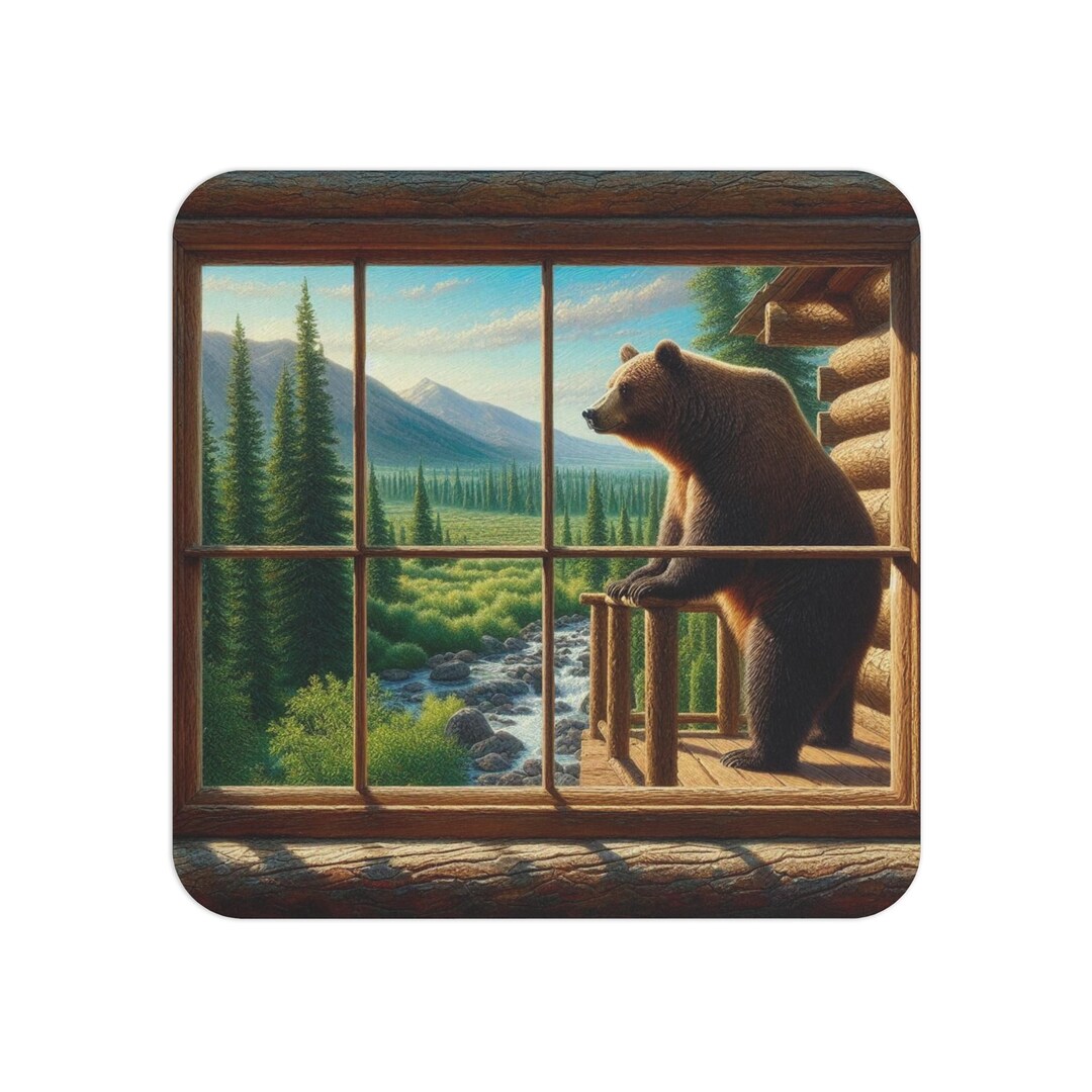 Bear Cabin Window Scene Coasters | Rustic Wildlife Drink Coasters - Etsy