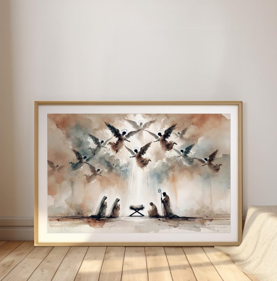 Angels Rejoicing | Nativity Watercolor Landscape | Christian Wall Art ...