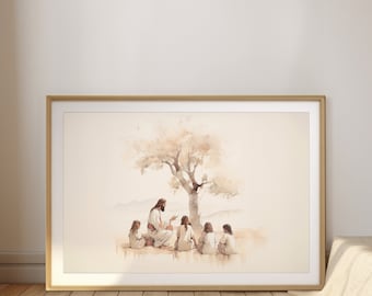 Jesus Teaching Children Watercolor Wall Art Poster Minimal Modern Holy ...