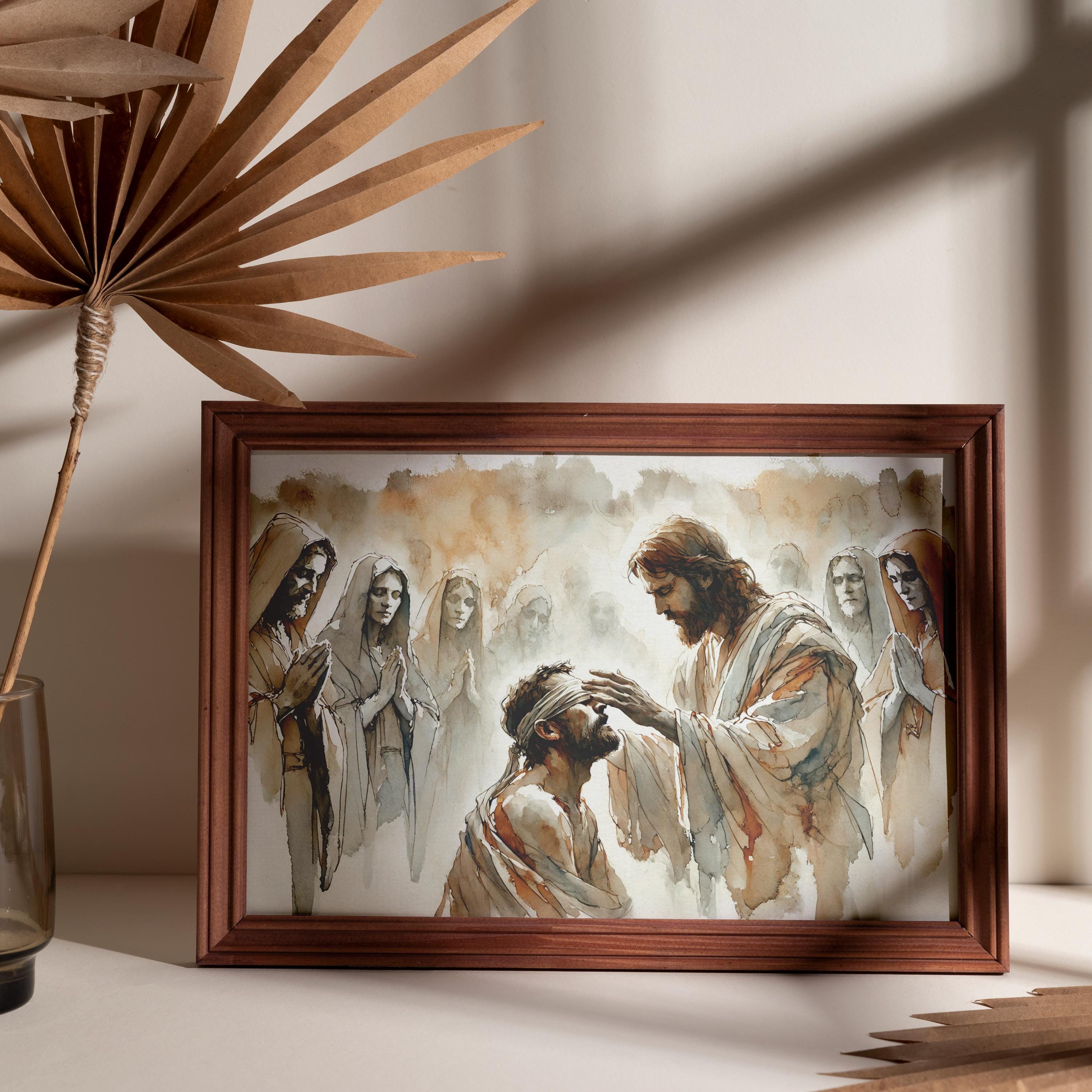 Jesus Heals the Blind – Christian Watercolor Art Print, Faith-based ...