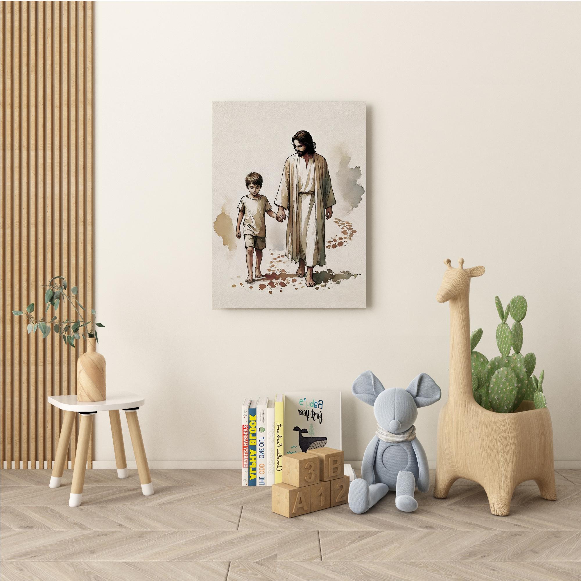 Jesus Walking With Little Boy (brown Hair) – Christian Nursery Print ...