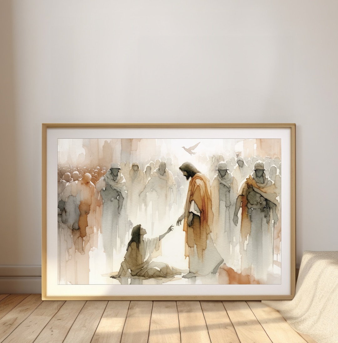 Jesus Heals the Woman | Watercolor Bible Miracle Art | Christian Wall ...