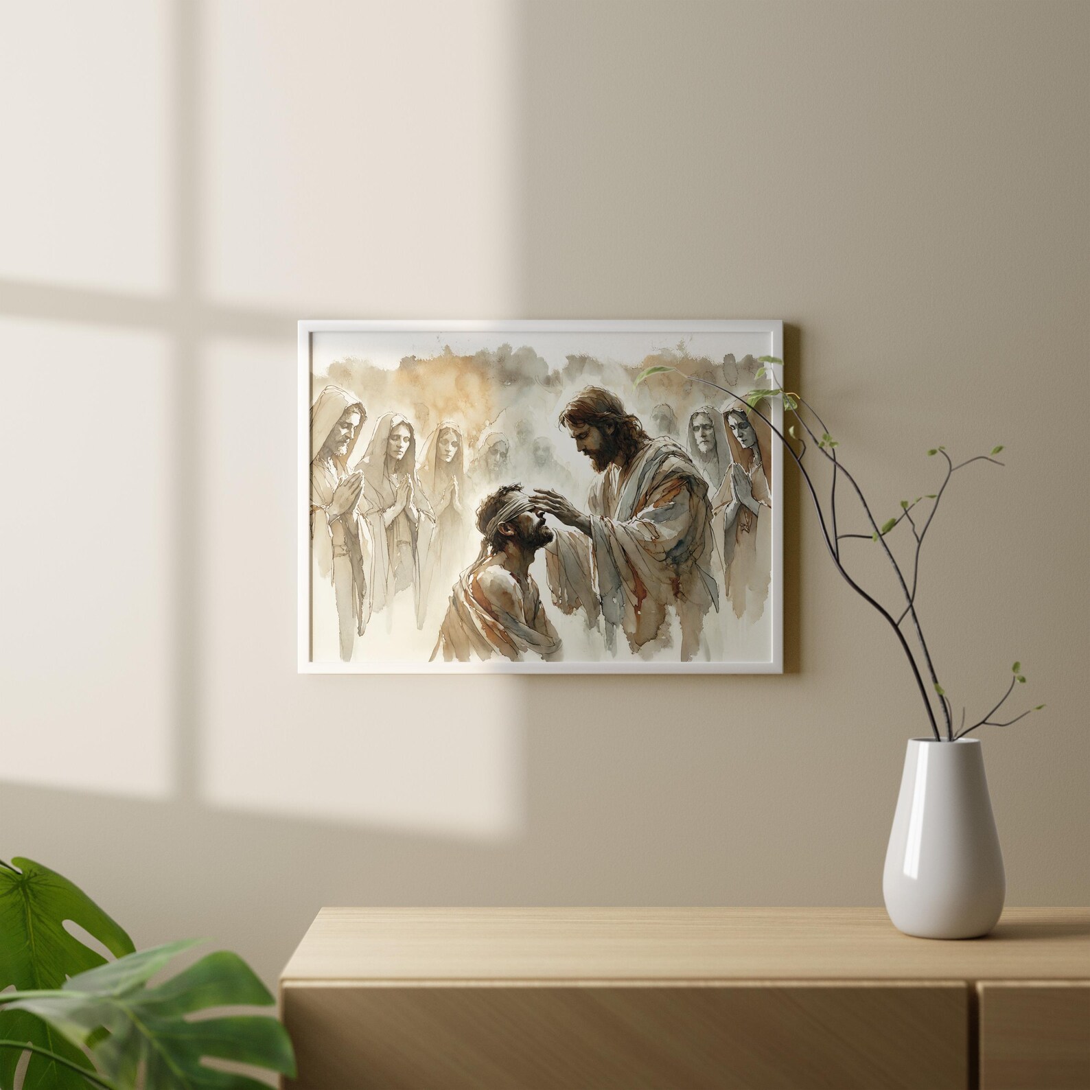 Jesus Heals the Blind – Christian Watercolor Art Print, Faith-based ...