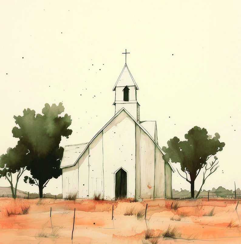 Kleine Kirche auf dem Lande, Digitaldruck, Skizzen, Jesus Kunst, Bibel ...