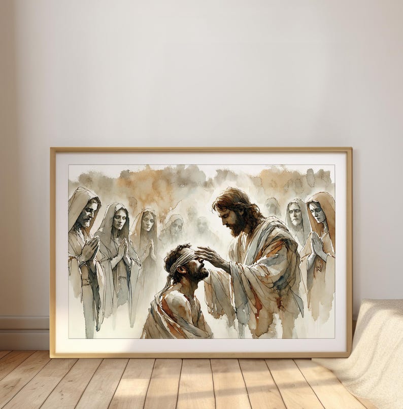 Jesus Heals the Blind – Christian Watercolor Art Print, Faith-based ...