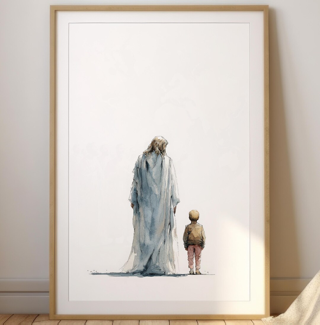 Jesus and Little Boy – Contemplative Watercolor, Christian Nursery Wall ...