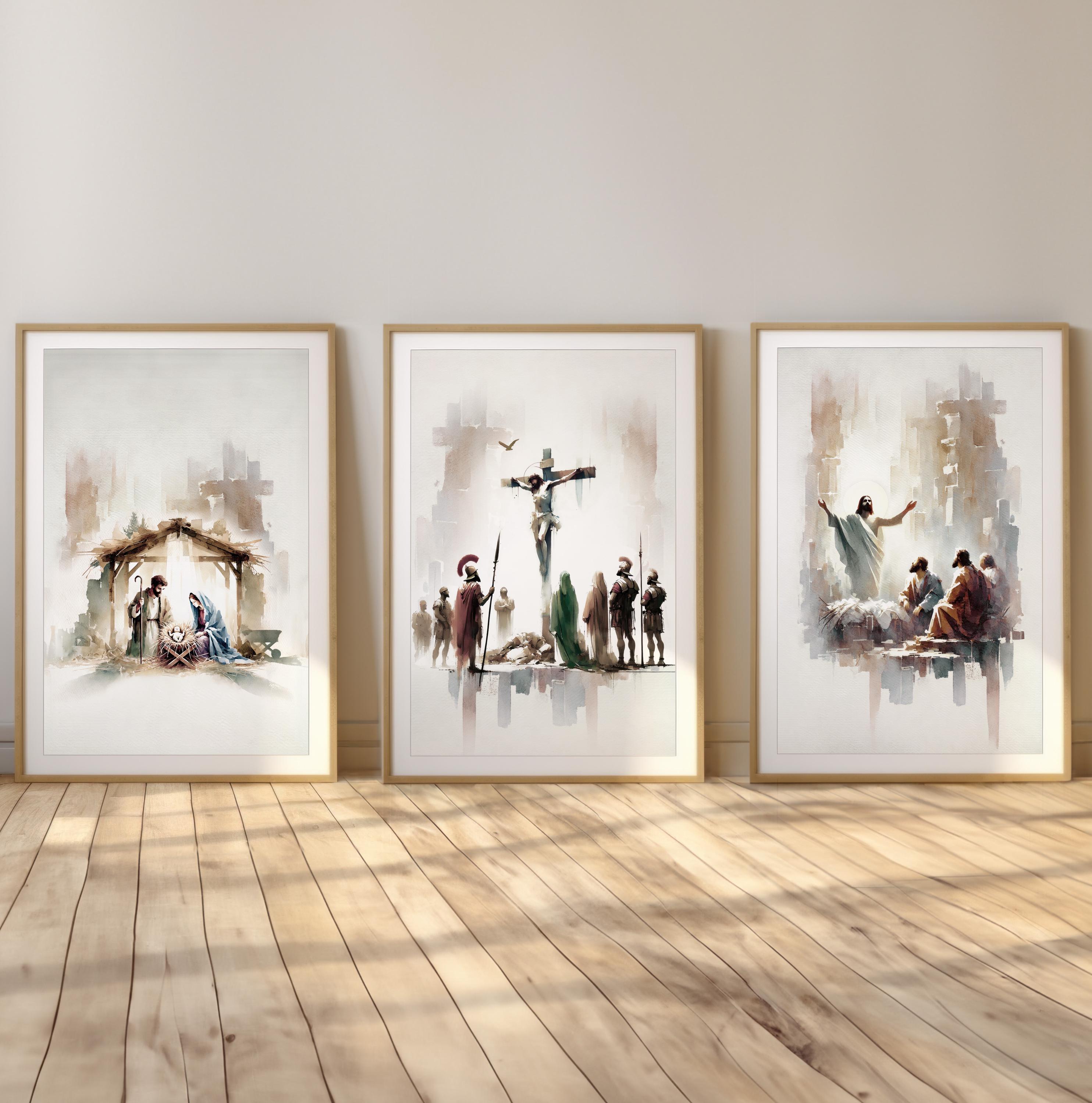 Life of Jesus Triptych | Watercolor Bible Scene Art | Christian Wall ...