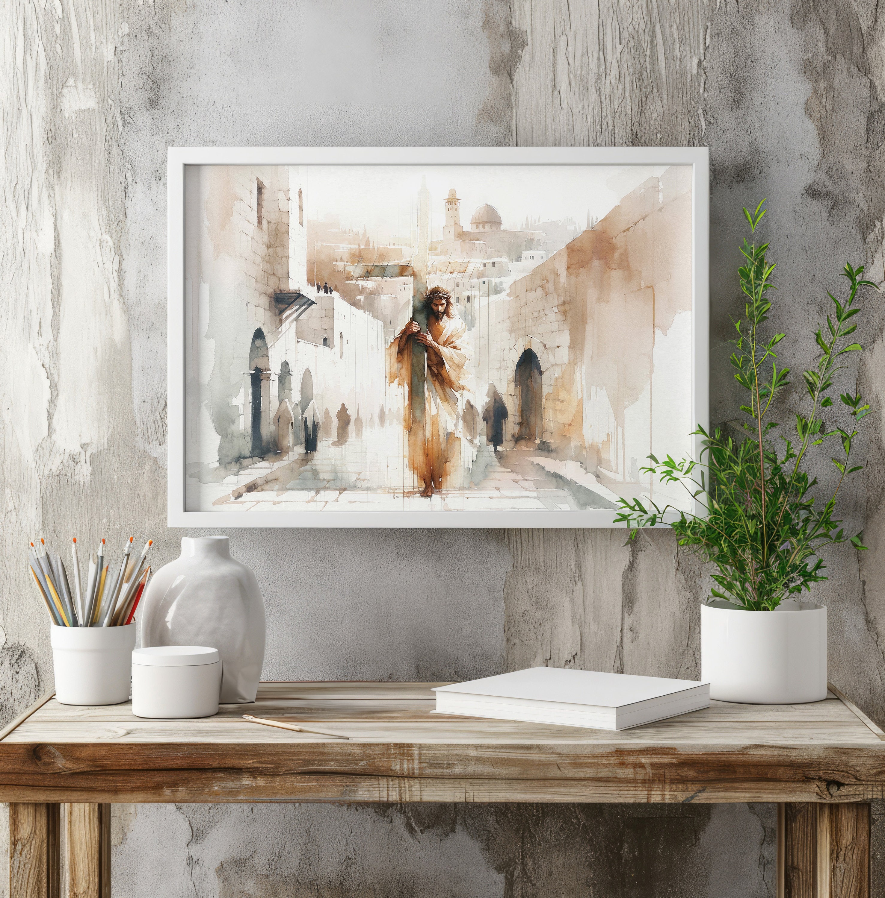 Calvary Scene | Watercolor Jesus on the Cross | Christian Wall Art ...