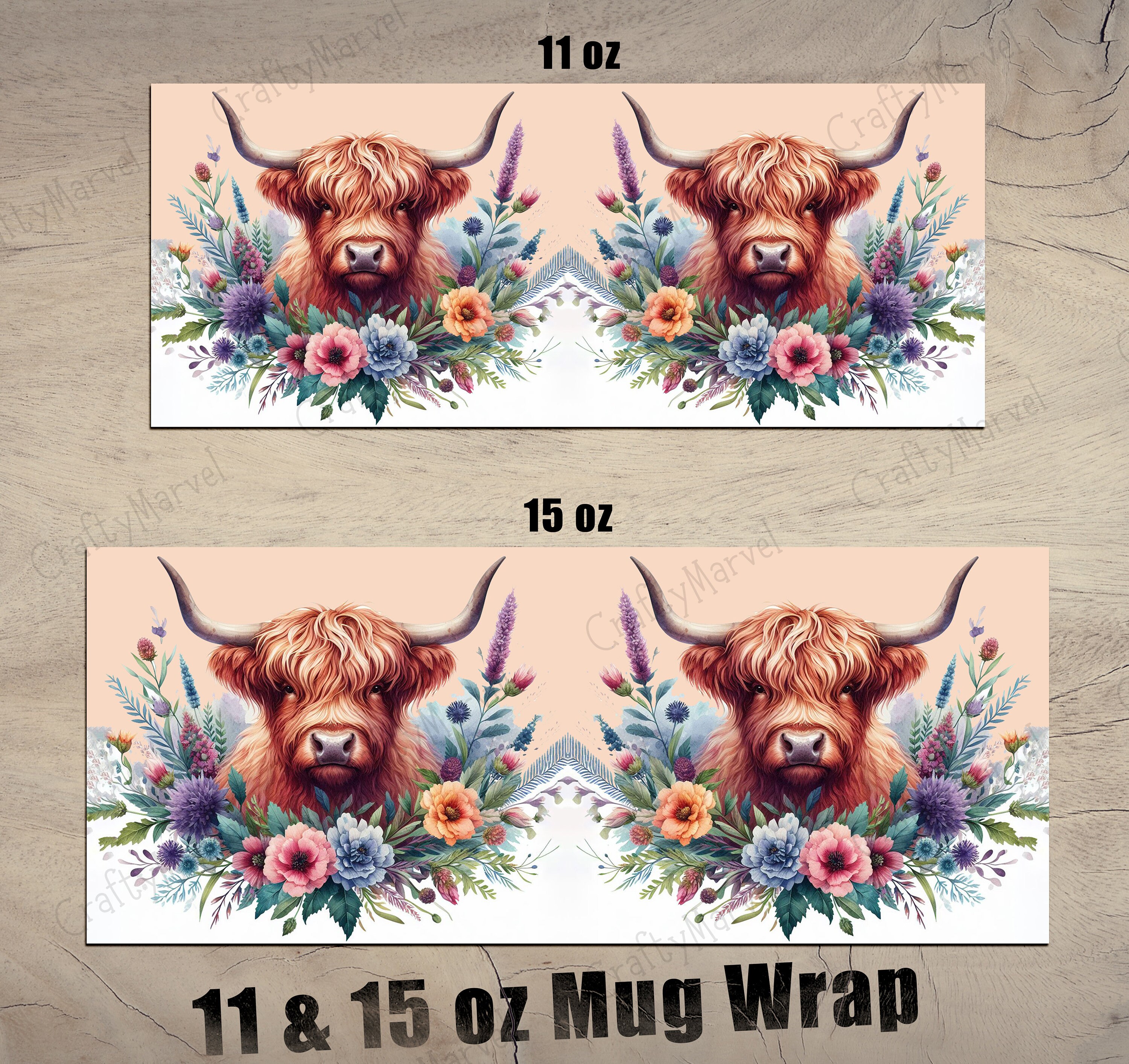 Watercolor Highland Cow Wrap, 11 Oz and 15 Oz Mug Wrap Template ...