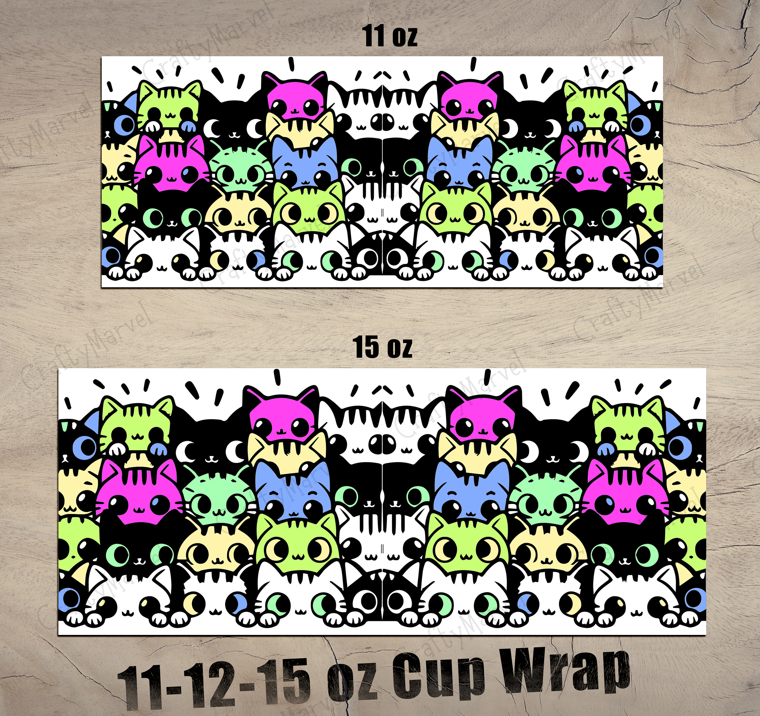 11 Oz. Cute Peeking Kawaii Cats Mug Wrap Template - Etsy