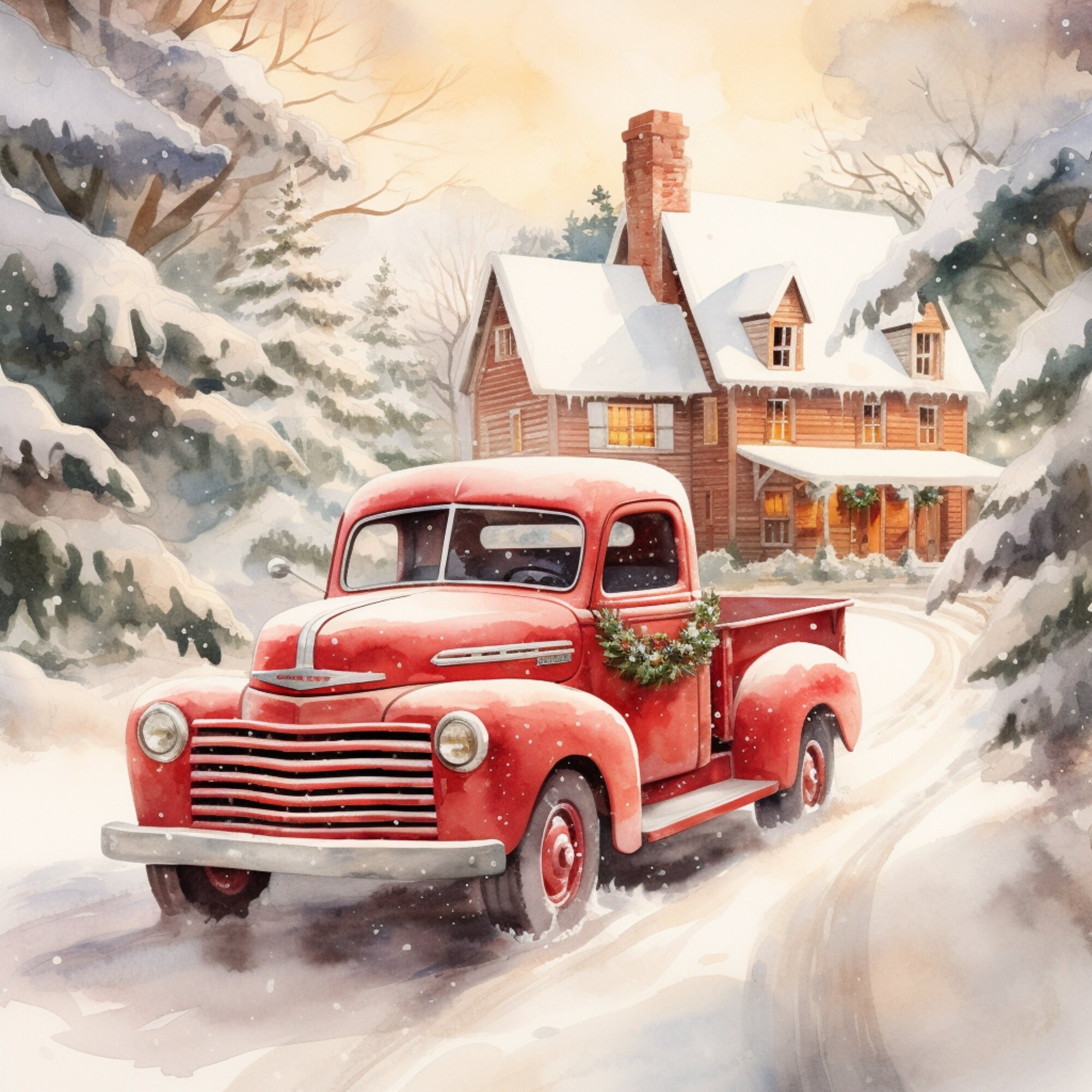 Watercolor Christmas Truck 12 Pngs, Red Truck Background, Vintage Truck ...