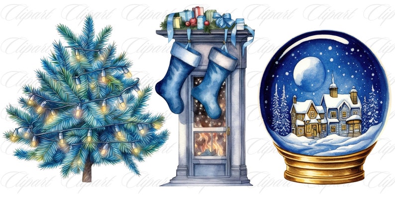 Watercolor Blue Christmas Clipart 22 High Quality Pngs Merry - Etsy