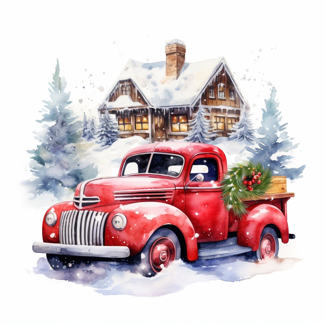 Watercolor Christmas Truck 12 Pngs, Red Truck Background, Vintage Truck ...