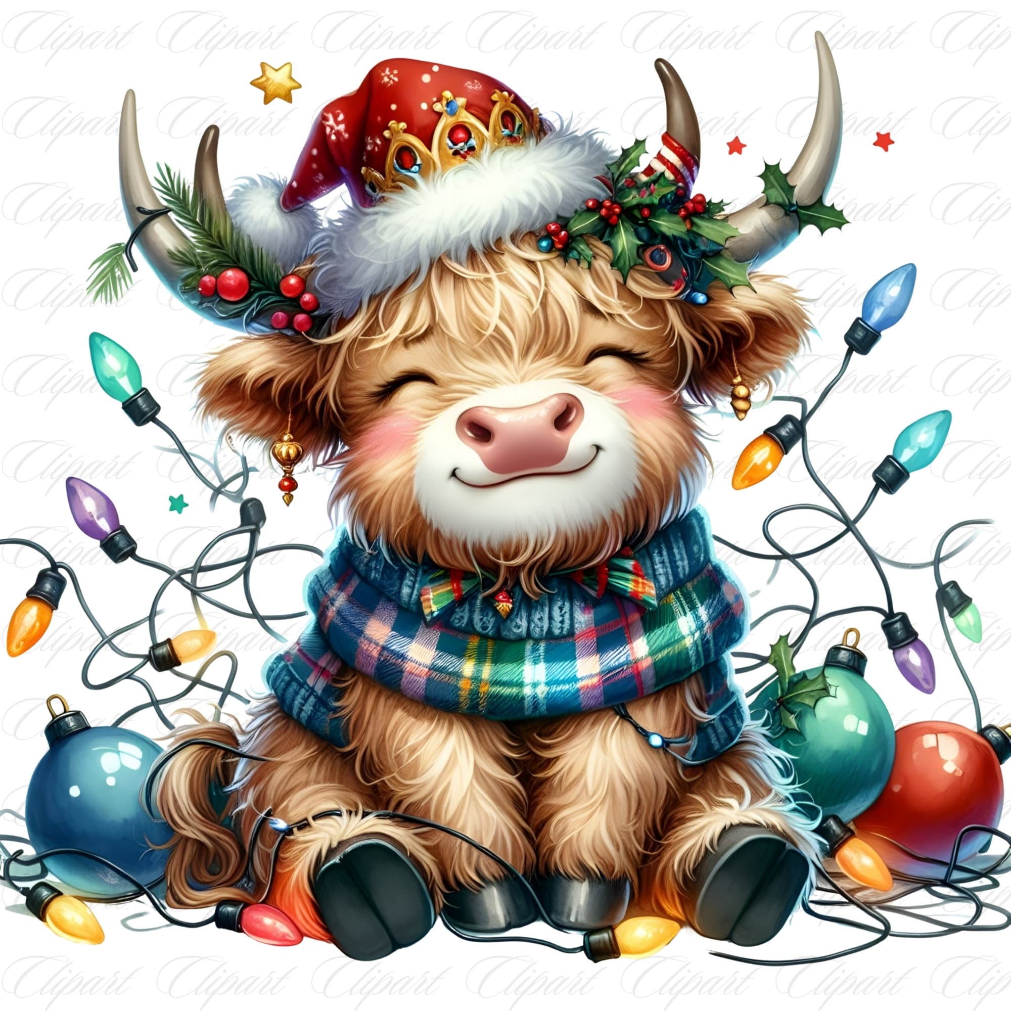 Highland Cow With Christmas Lights PNG, Baby Highland Cow Clipart ...