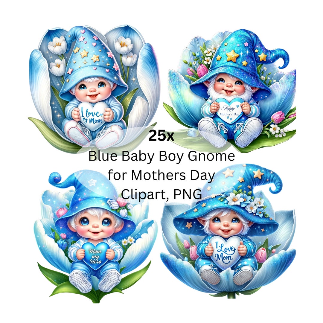 Blue Baby Boy Gnome for Mothers Day in Flower Clipart Bundle, Heart ...