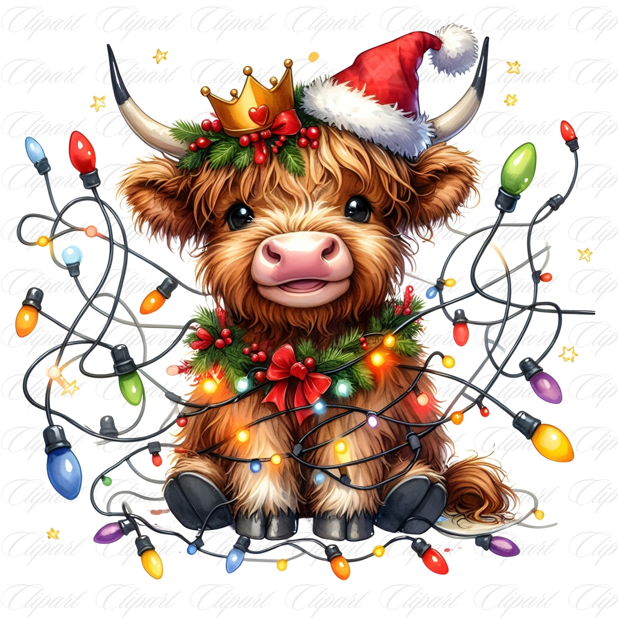 Highland Cow With Christmas Lights PNG, Baby Highland Cow Clipart ...