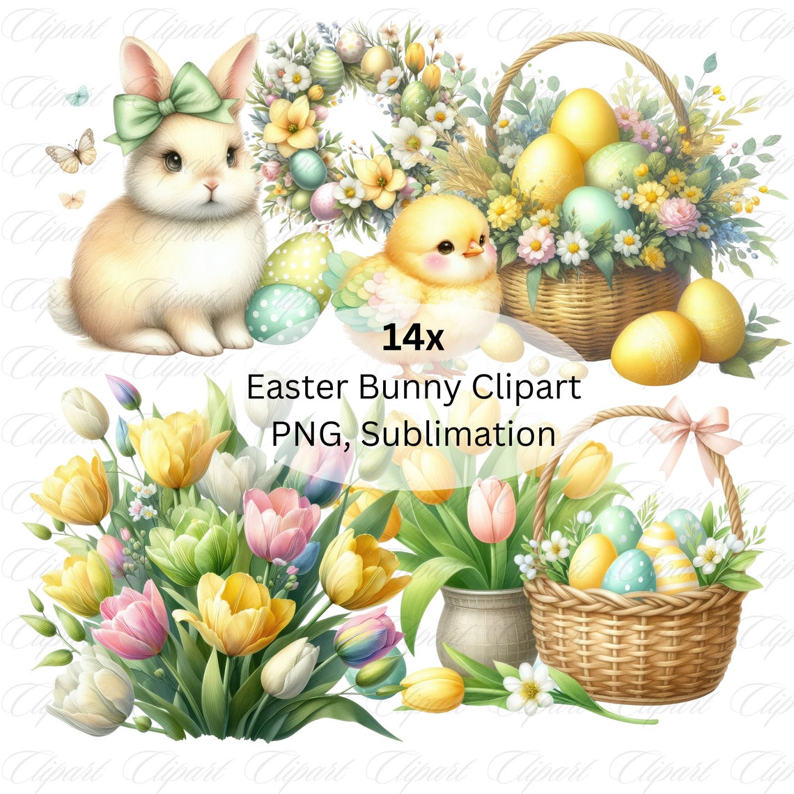 Watercolor Easter Clipart Bundle, Spring Clipart, Easter Wreath Clipart ...