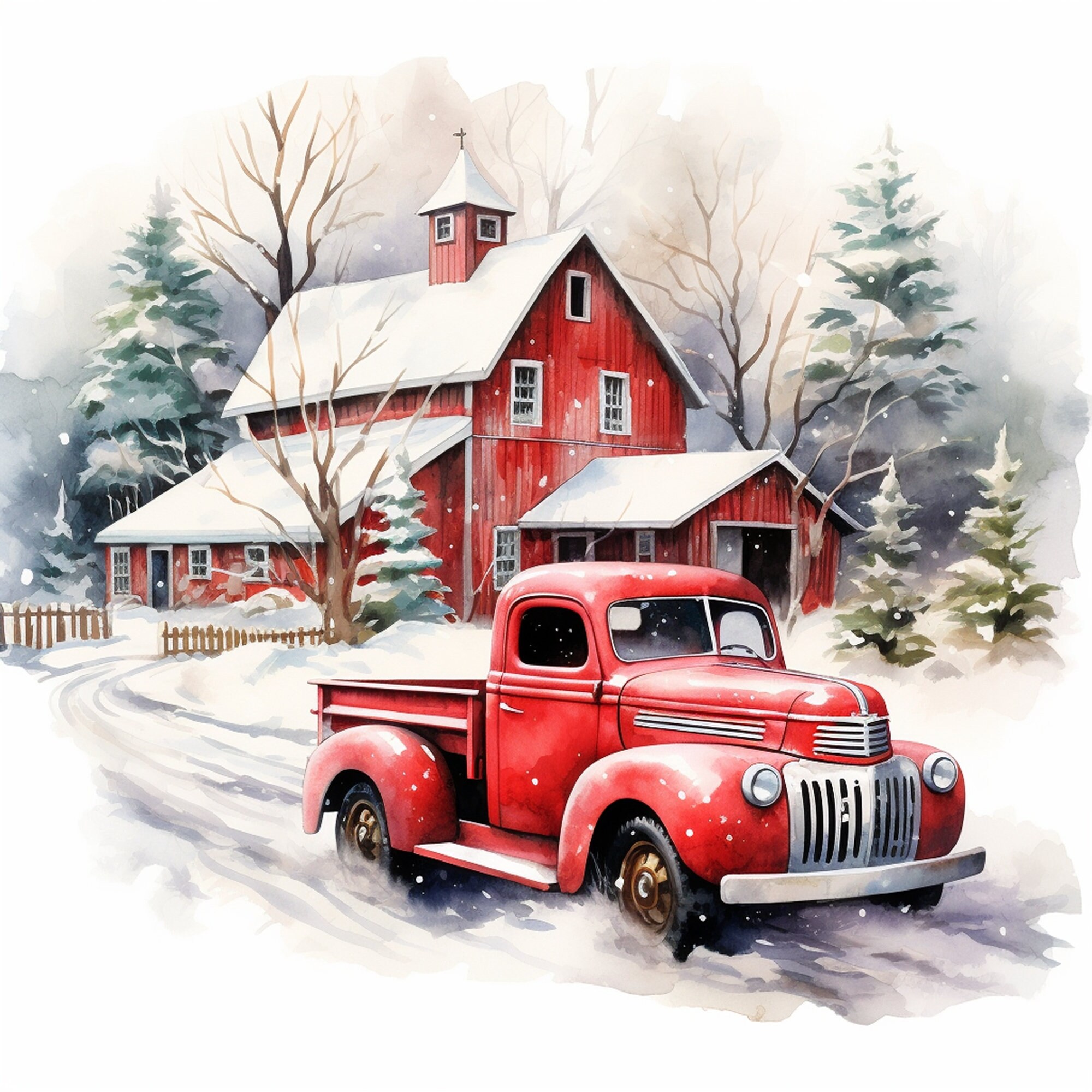 Watercolor Christmas Truck 12 Pngs, Red Truck Background, Vintage Truck ...
