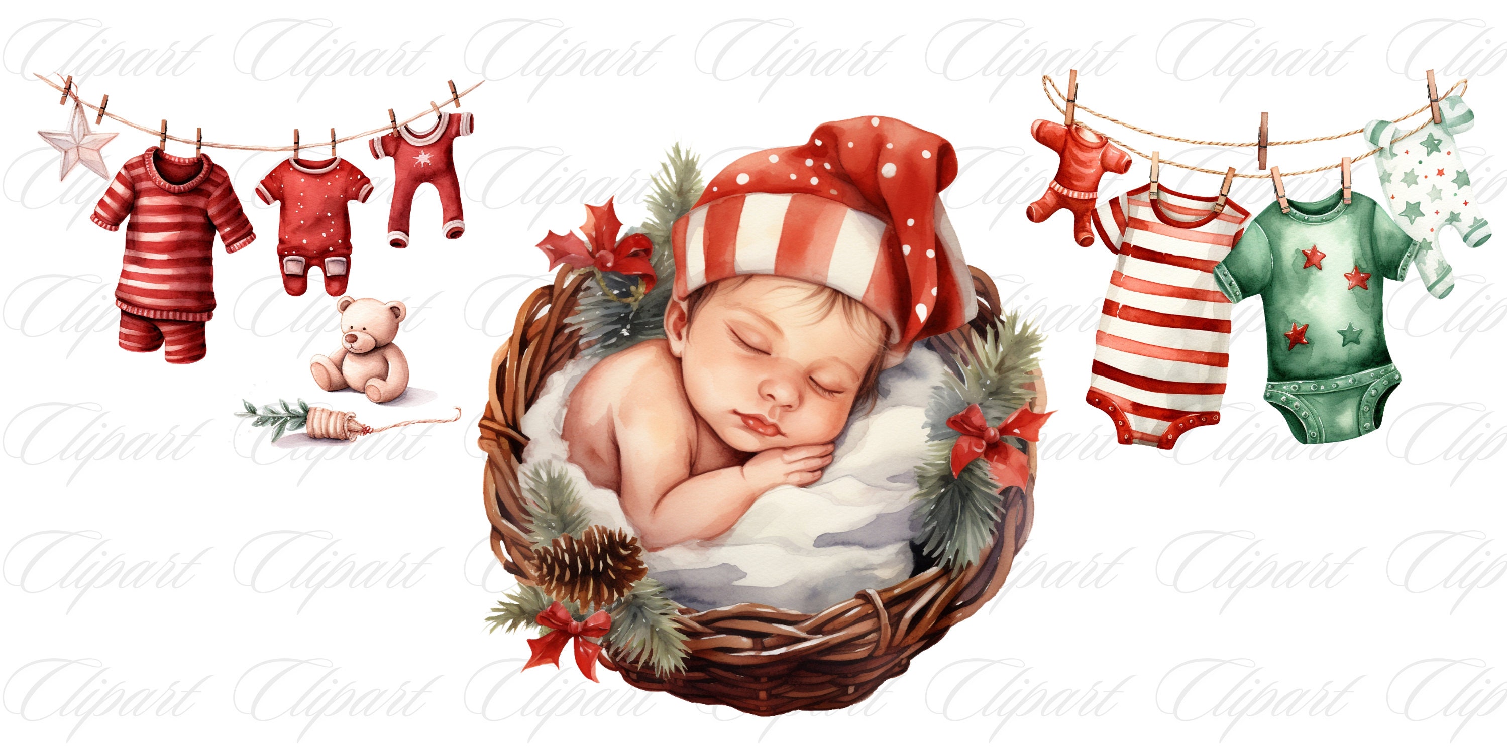 Watercolor Christmas Baby Bundle 47 High Quality Pngs, Baby Christmas ...