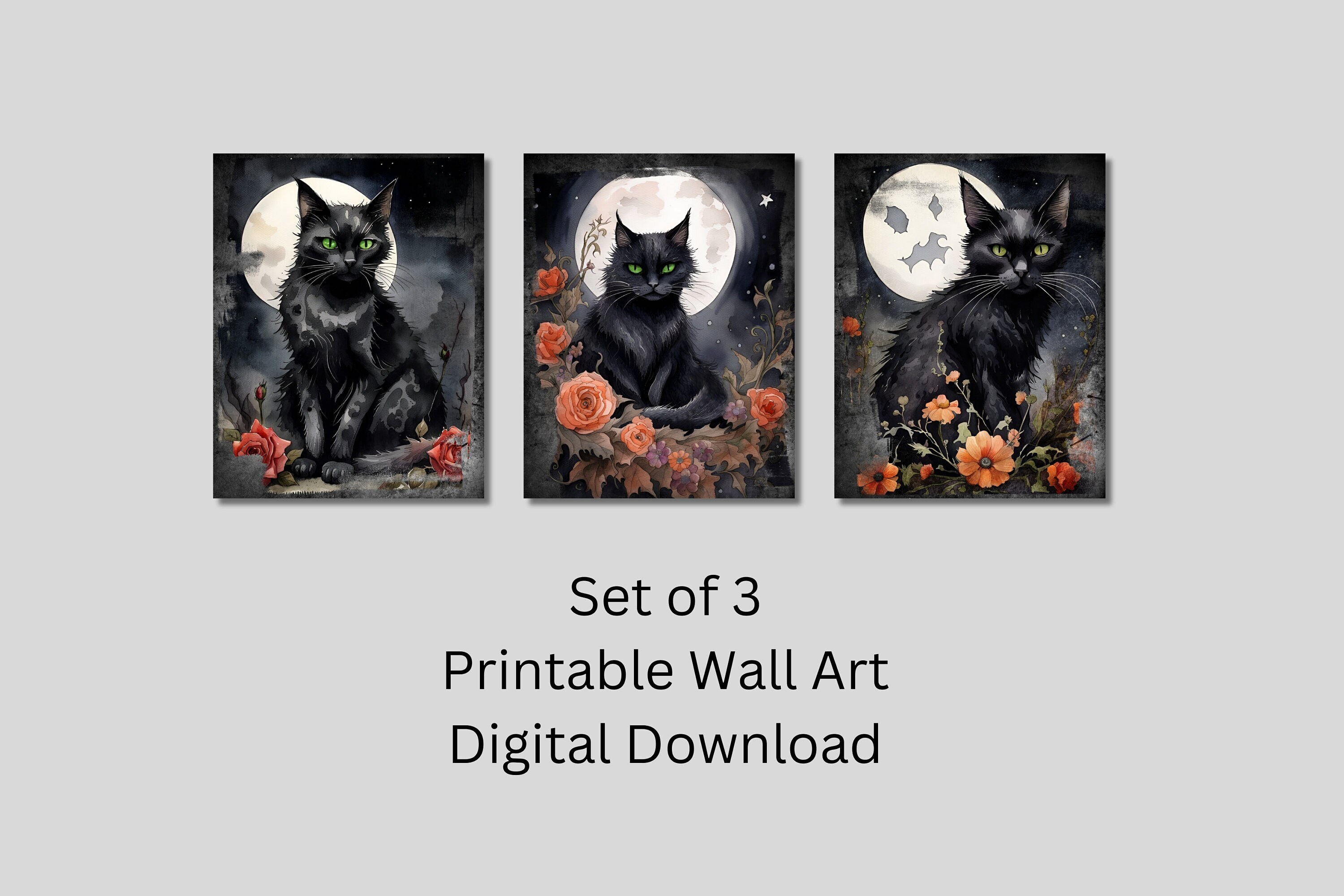 Printable Cat Wall Art Set of 3 Autumn Moon and Black Cats - Etsy