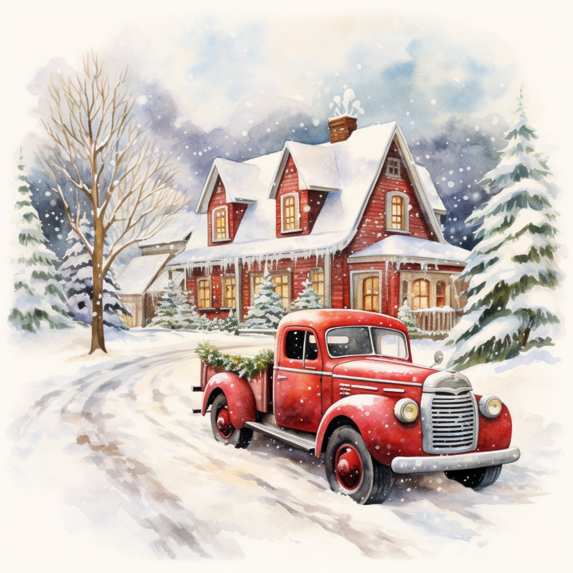 Watercolor Christmas Truck 12 Pngs, Red Truck Background, Vintage Truck ...