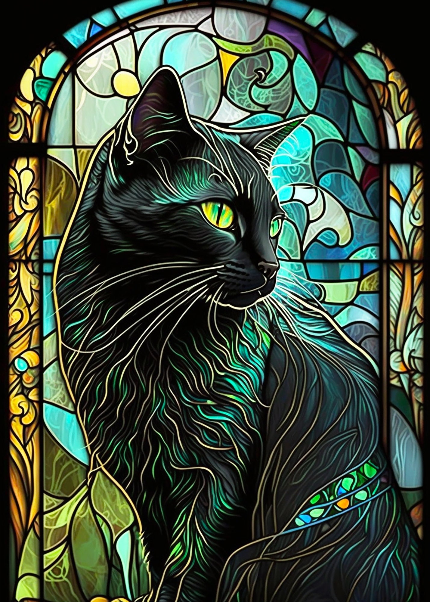 Printable Black Cat Wall Art, Faux Stained Glass Black Cat, Black Cat ...