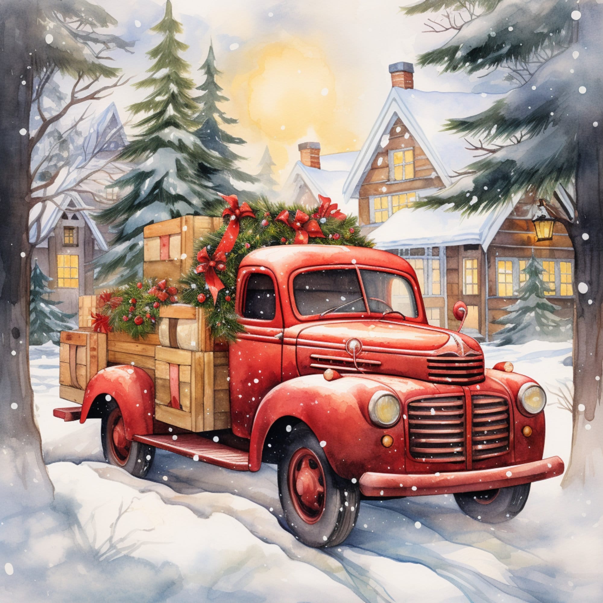 Watercolor Christmas Truck 12 Pngs, Red Truck Background, Vintage Truck ...