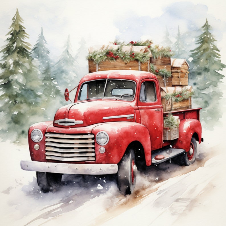 Watercolor Christmas Truck 12 Pngs, Red Truck Background, Vintage Truck ...