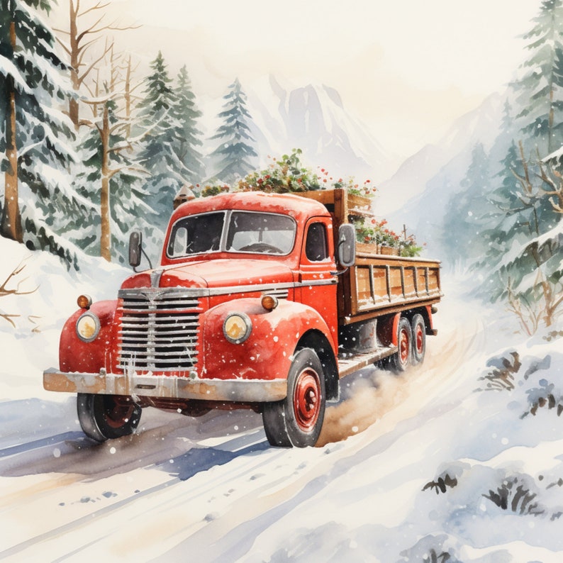 Watercolor Christmas Truck 12 Pngs, Red Truck Background, Vintage Truck ...
