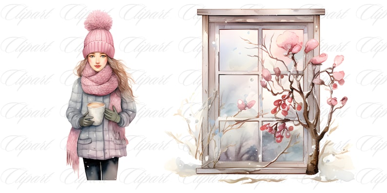Pink Winter Clipart 20 High Quality PNG Files, Watercolor Pink ...