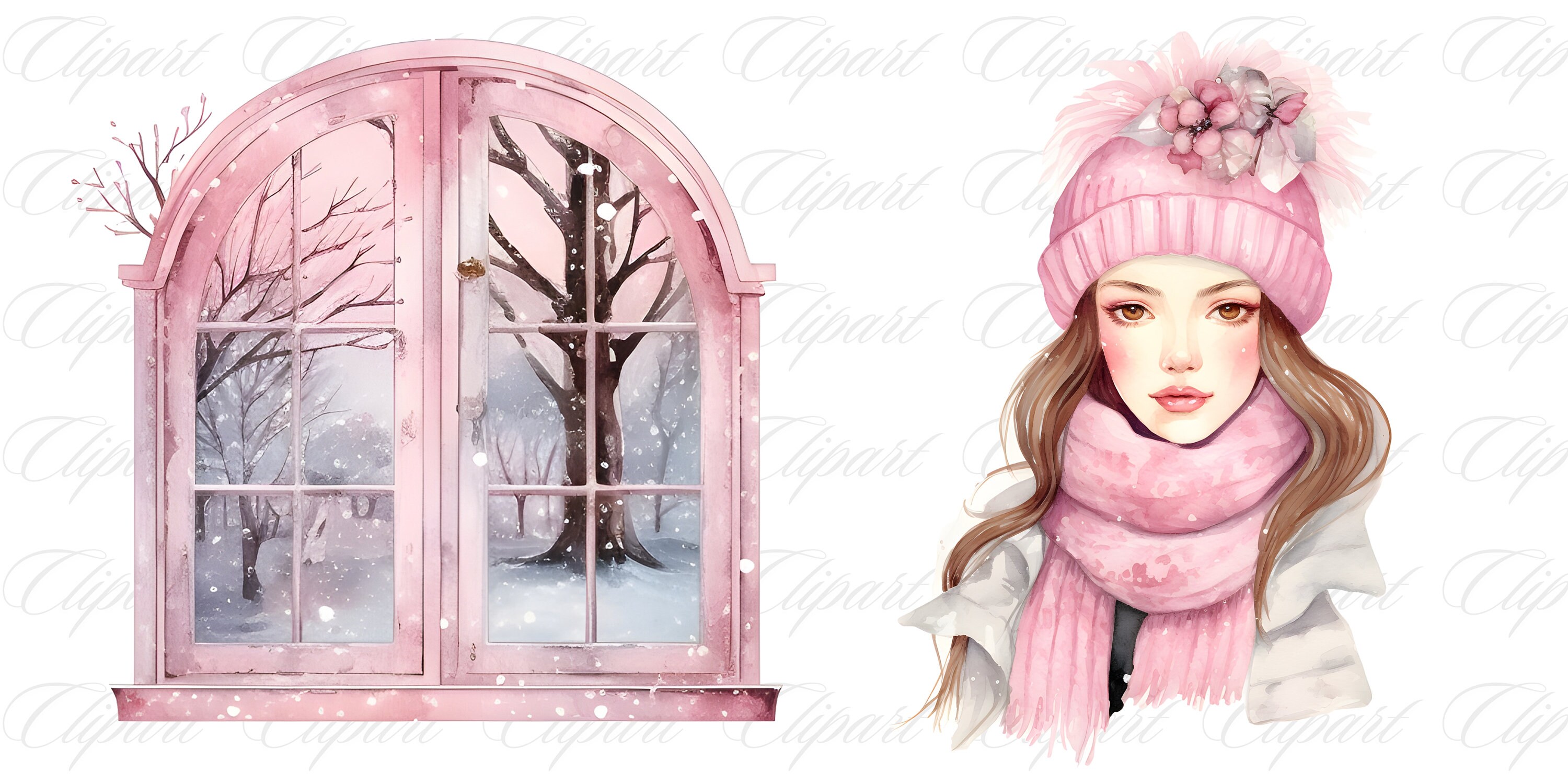 Pink Winter Clipart 20 High Quality PNG Files, Watercolor Pink ...