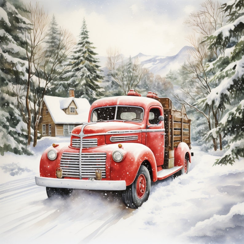 Watercolor Christmas Truck 12 Pngs, Red Truck Background, Vintage Truck ...